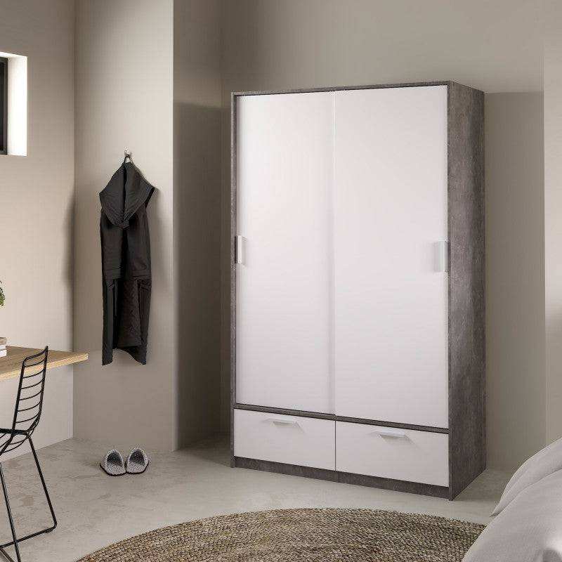 Line Wardrobe With 2 Doors + 2 Drawers In White And Concrete