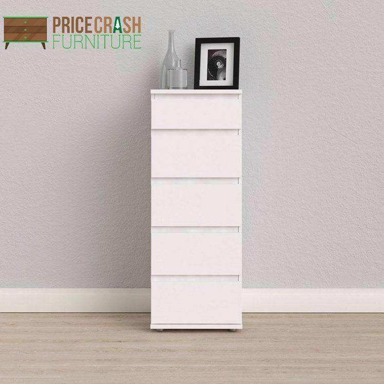Nova Tall Narrow 5 Drawer Chest of Drawers Tallboy in White